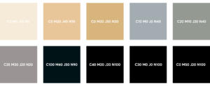 Couleurs CMJN : noir profond, turquoise, rouge vin & Co.