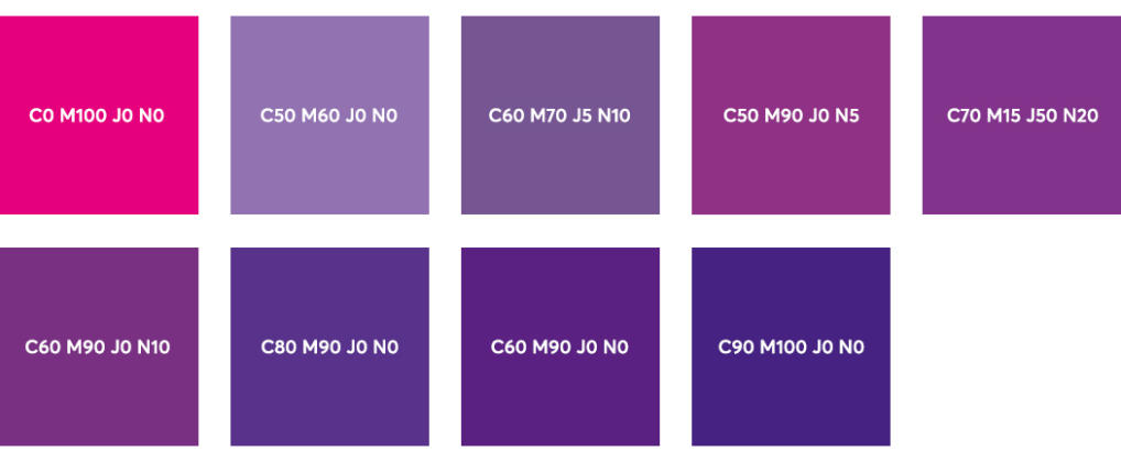 Couleurs CMJN : noir profond, turquoise, rouge vin & Co.